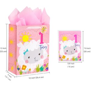 LeZakaa 1st Birthday Gift Bag, 13" Pink Glitter Gift Bag with Tissue Paper, Gift Tag and Card - Little Sheep Design for Girl, Kids, Child Birthday