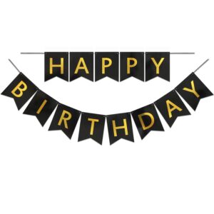 litaus, black gold happy birthday banner - pre-strung, 9 ft, no diy | birthday decorations | happy birthday sign for birthday decor, backdrop | birthday banner for women, men | happy birthday