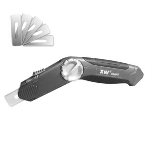 xw retractable carpet knife with twist-lock design, heavy duty zinc alloy knife with blade storage, extra 5 blades included.