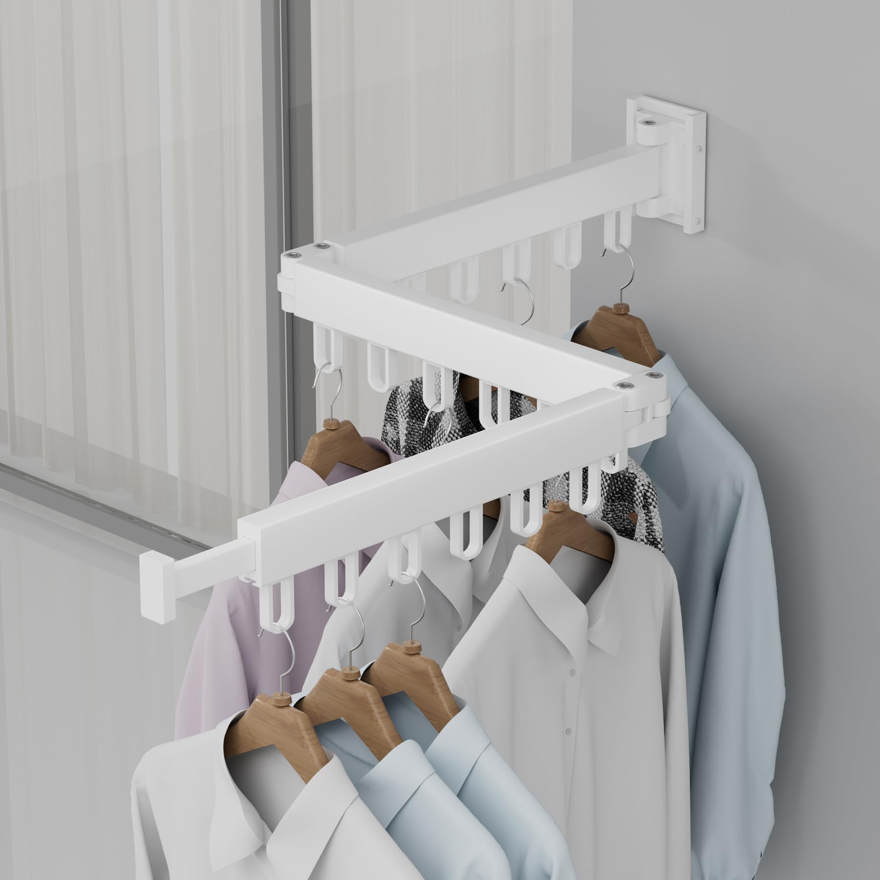 iMonse Clothes Drying Rack, Laundry Drying Rack Wall Mount for Bathroom, Retractable and Foldable Clothes Hanging Rack with U-Hooks for Laundry Room, Balcony, Closet, Bedroom(Tri-Fold), White