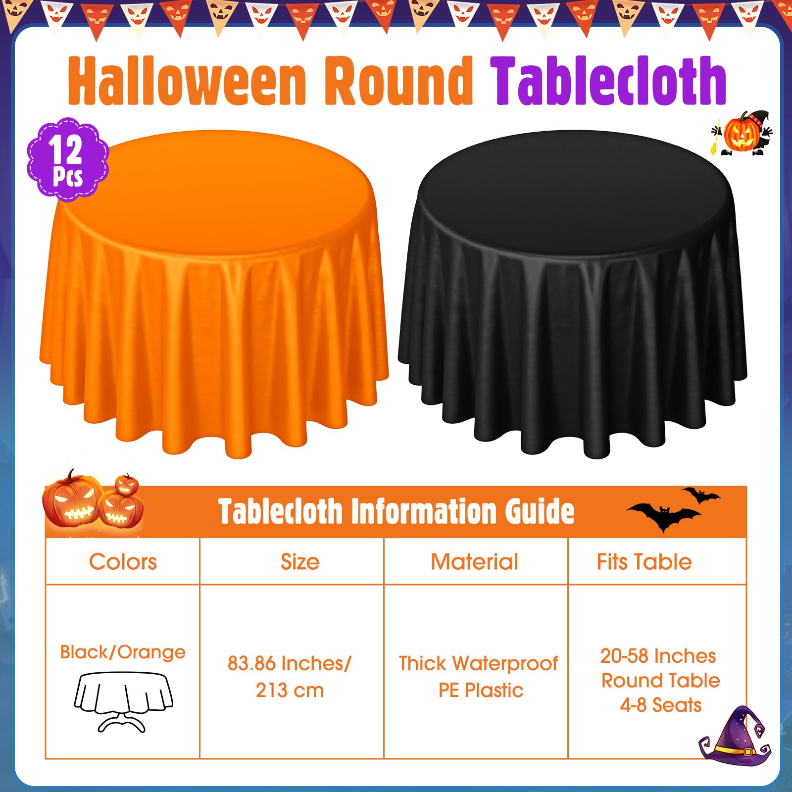 Preboun 12 Pcs Halloween Plastic Tablecloth Orange Black Round Waterproof Disposable Table Cover Round Table Cloths Circle Party Tablecovers for Dining Buffet Outdoor Camping Picnic, 83.86 Inch