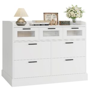 HOSTACK Modern 7 Drawer Dresser, White Dressser Chest of Drawers with Deep Drawers, Wide Wooden Dresser with Fluted Glass & Anti-Drop Fence for Living Room, Hallway, White