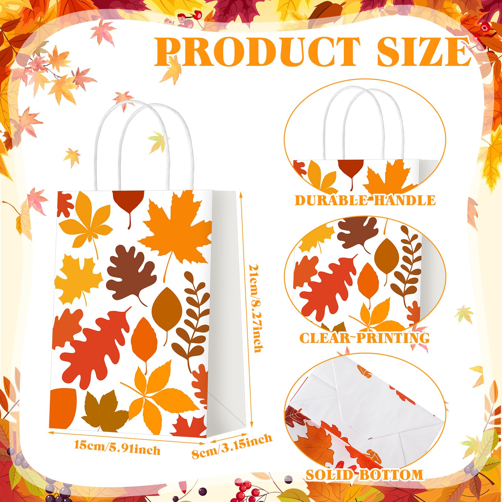 Glenmal 24 Pcs Fall Gift Bags Thanksgiving Treat Bag with Handle Maple Leaf Pumpkin Chestnut Design Goodie Bags Fall Kraft Bag for Thanksgiving Autumn Party Favors Bridal Shower