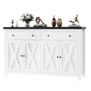 fotosok sideboard buffet cabinet with storage, 55" large kitchen storage cabinet with 2 drawers and 4 doors, wood coffee bar cabinet buffet table for kitchen dining room, white and black