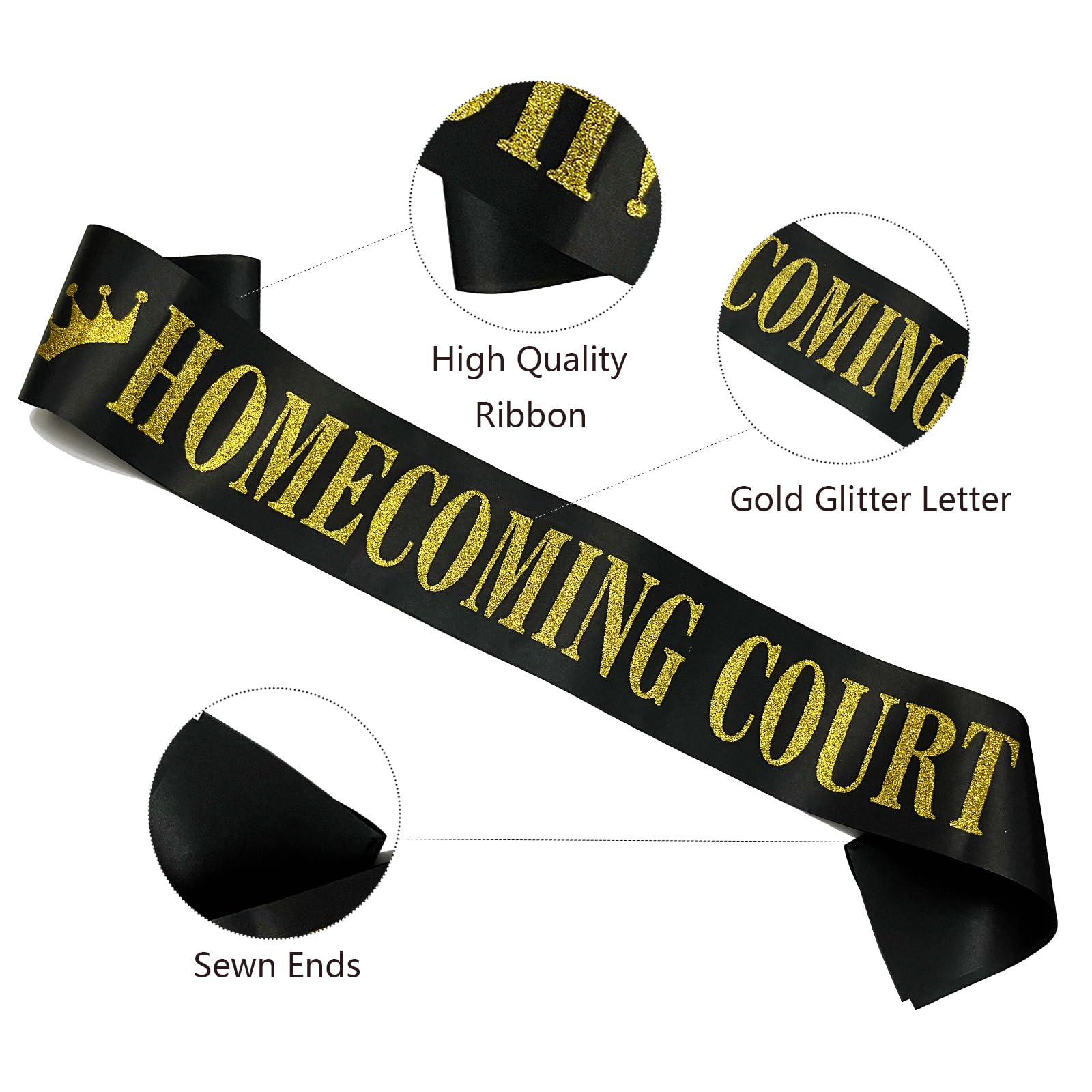 Homecoming Court Sash Black, 6 Pack Black Satin with Gold Glitter Letter Sashes for Pageants Homecoming Party School Dance Graduation Party Favors Decorations Accessories,Black