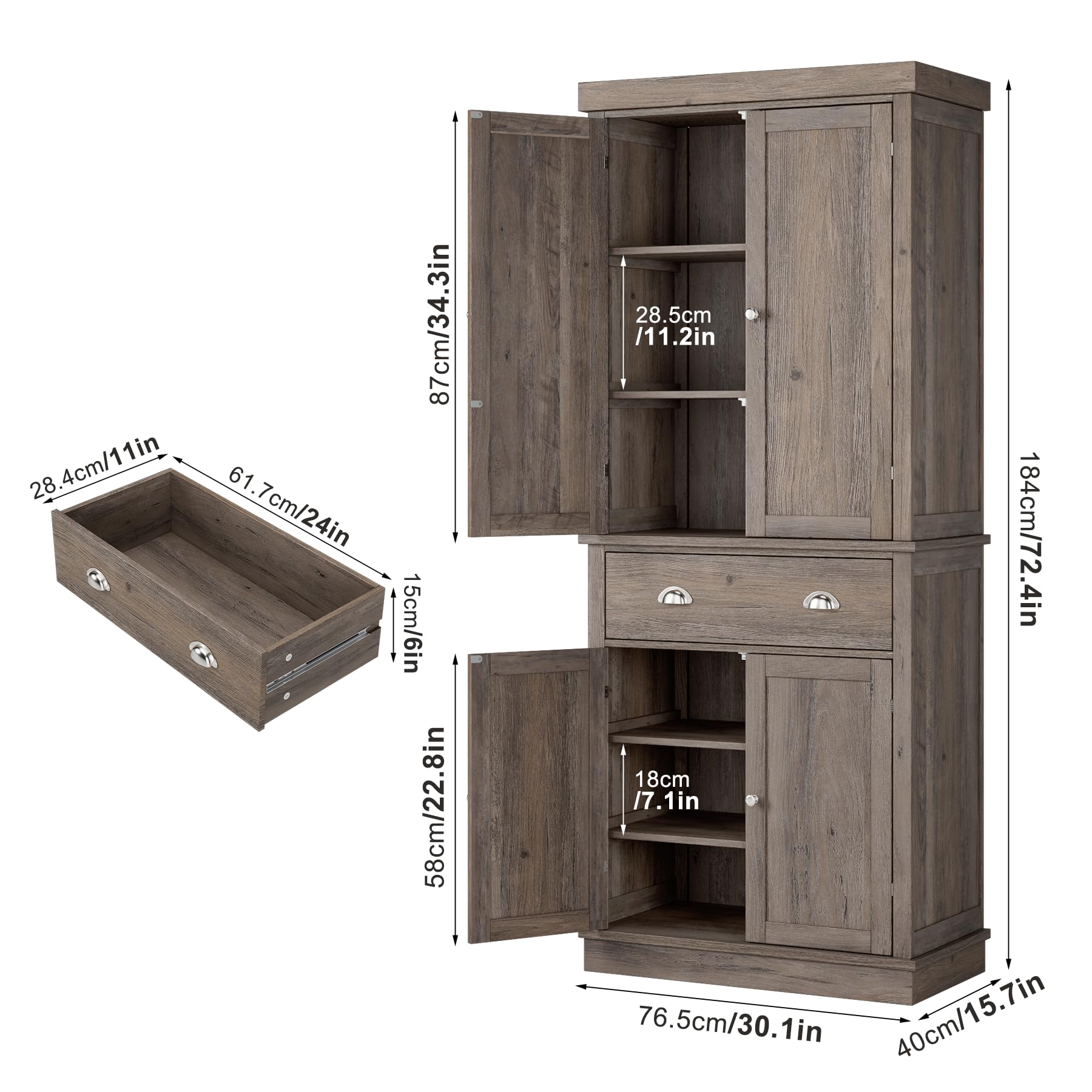 FOTOSOK 72" Kitchen Pantry Storage Cabinets with Drawer, Freestanding Cupboard with 4 Doors, Drawer, 4 Shelves, Utility Pantry Cabinet for Kitchen, Dining Room, Living Room, Ash Grey