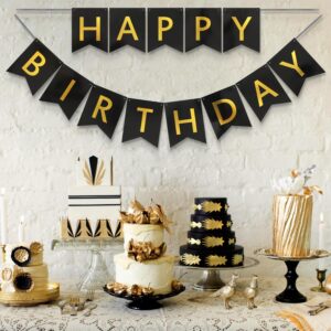 LITAUS, Black Gold Happy Birthday Banner - Pre-Strung, 9 ft, No DIY | Birthday Decorations | Happy Birthday Sign for Birthday Decor, Backdrop | Birthday Banner for Women, Men | Happy Birthday