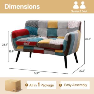 Bonzy Home Modern Boho Loveseat Couch Sofa Chair for Living Room Bedroom, Upholstered Colorful Plaid Fabric 2-Seat Love Seat Sofa with Wood Leg for Small Space, One Loveseat