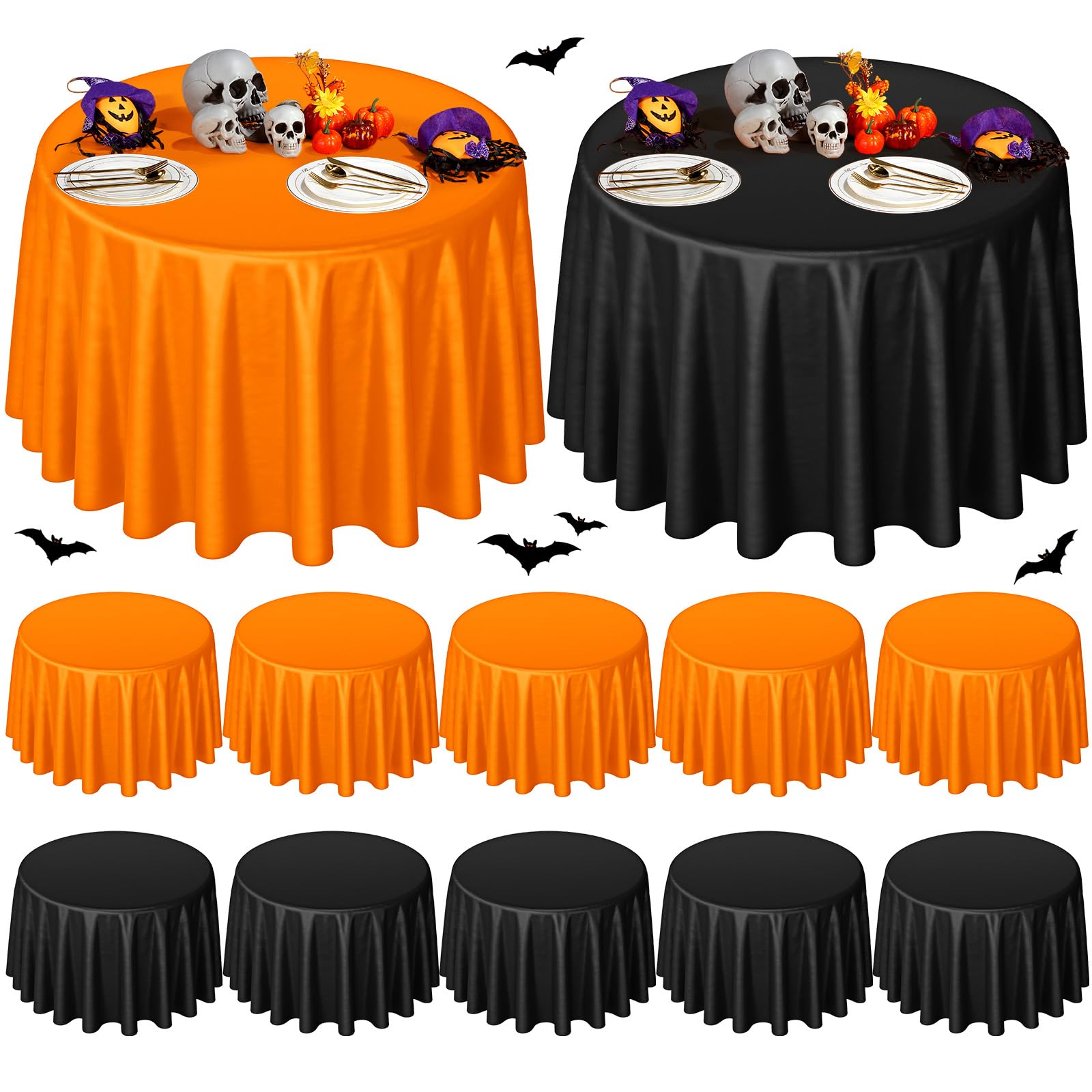 Preboun 12 Pcs Halloween Plastic Tablecloth Orange Black Round Waterproof Disposable Table Cover Round Table Cloths Circle Party Tablecovers for Dining Buffet Outdoor Camping Picnic, 83.86 Inch