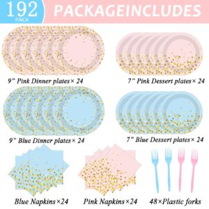 192PCS Gender Reveal Party Supplies Baby Shower Party Tableware Gender Reveal Plates and Napkins Plastic Forks Boys Girls Blue and Pink Paper Plates for Baby Shower Wedding Birthday Party 48 Guests