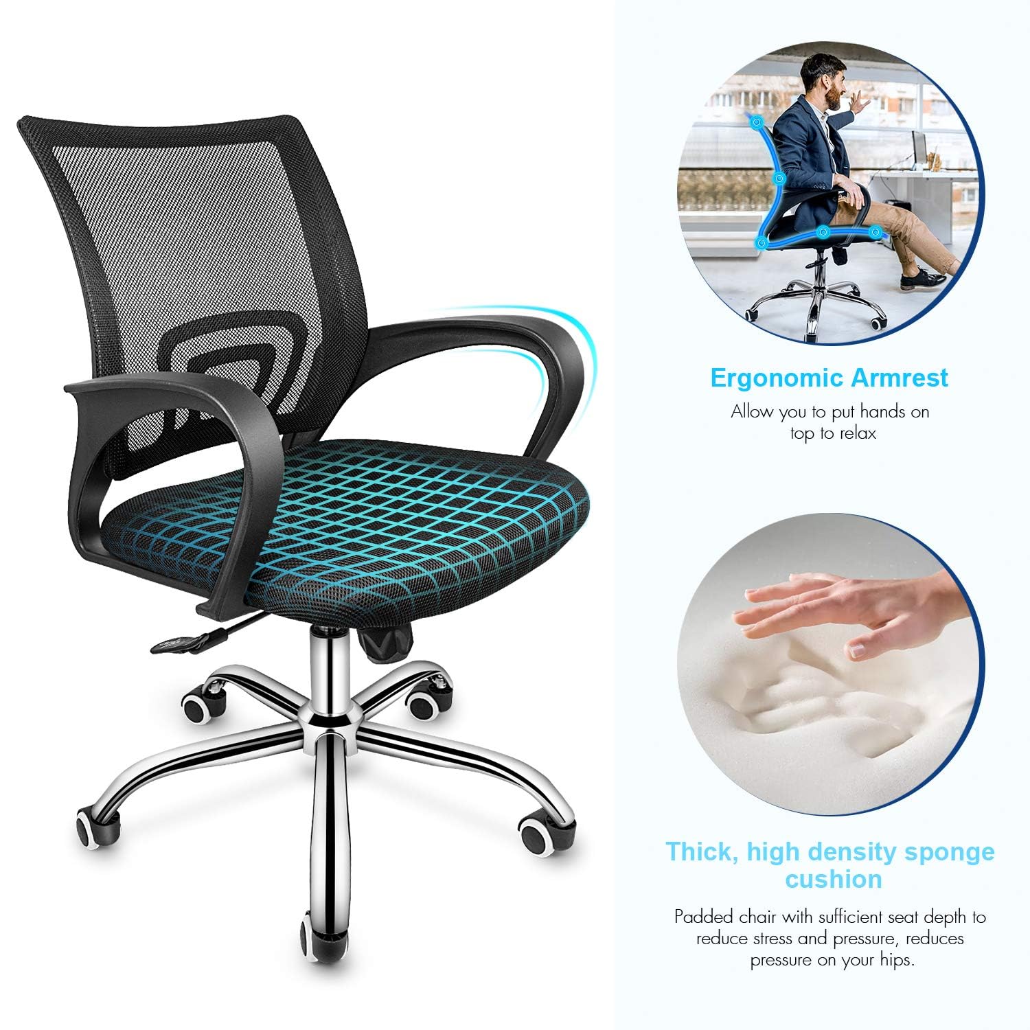 Office Chair,Ergonomic Mesh Computer Chair with Wheels and Arms and Lumbar Support Adjustable Height Study Chair