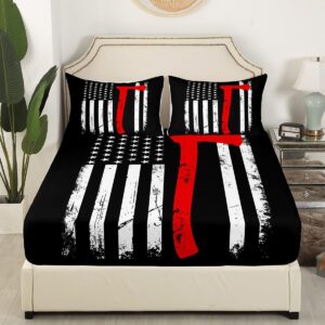 firefighter bedding set twin size american flag bed set for girls teens bedroom decor kids fireman fitted sheet soft microfiber red black white bed cover(1 fitted sheet+1 pillow case)