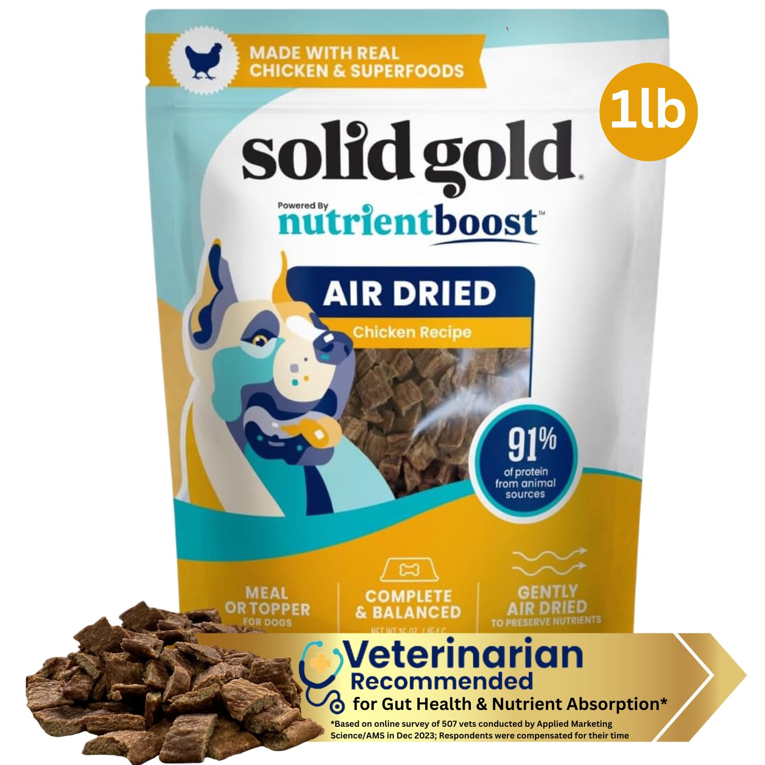 Solid Gold Air Dried Dog Food Toppers for Picky Eaters - Healthy Dog Treats Made with Real Chicken to Serve as Meal Topper or Dog Treat - Supports Muscle Growth, Immunity, and Healthy Digestion - 1 LB