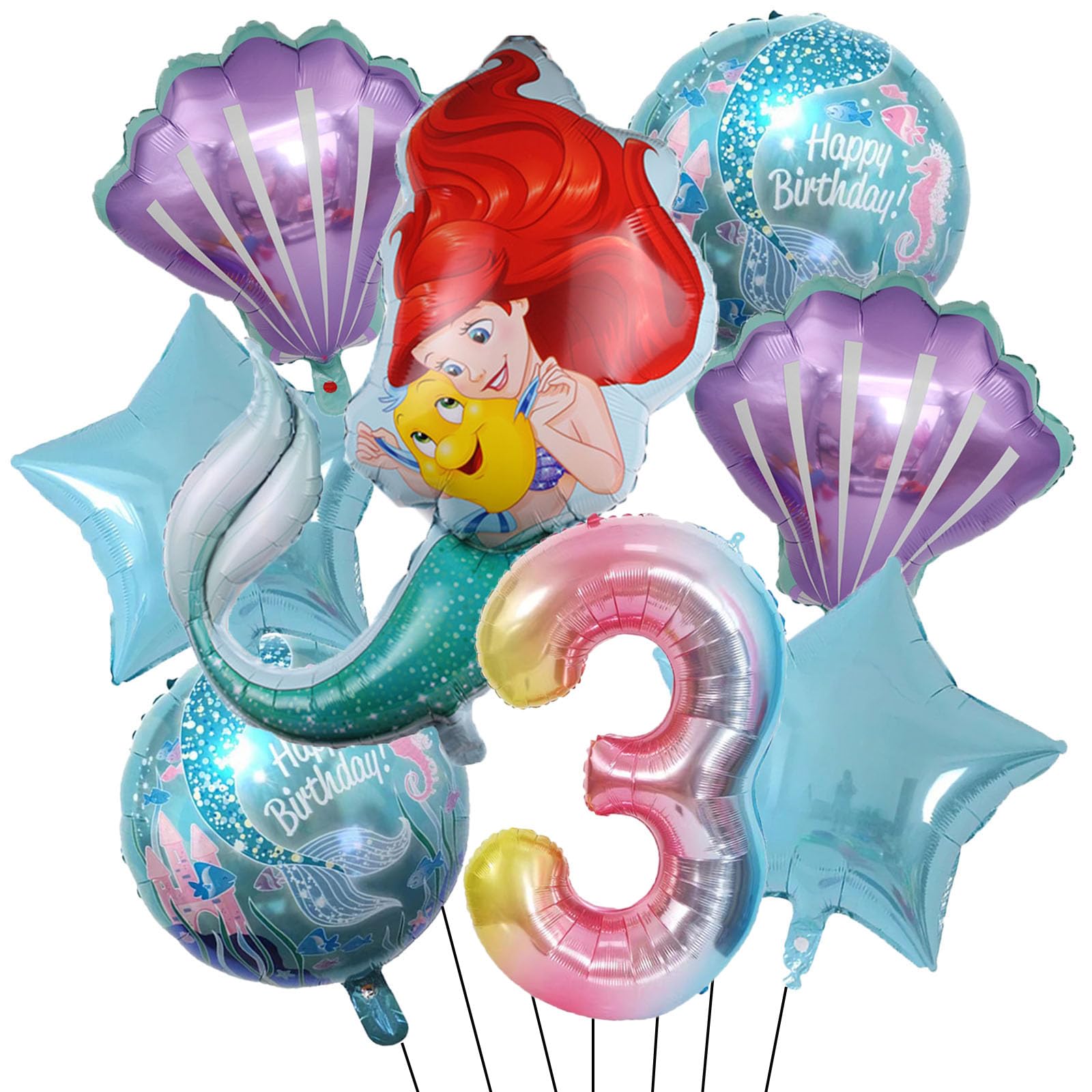 Little Mermaid 3rd Birthday Party Balloons Bouquet Decorations Mermaid Foil Balloons for Girls 3rd Birthday Baby Shower Mermaid Themed Party Decoration (3rd Birthday)