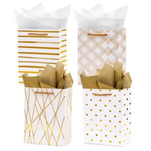 nihuecne 9" gift bags medium size with tissue paper, 4 pack white gold wrap paper gift bags with handles for shopping parties wedding baby shower holiday presents 4 designs