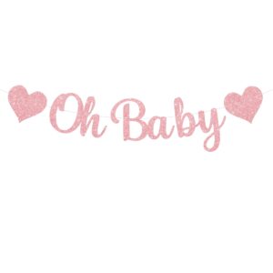 pre-strung baby shower banner oh baby sign rose gold glittery letters | teddy bear gender reveal decorations | baby sprinkle decorations for girl boy | baby gender reveal party decoration supplies