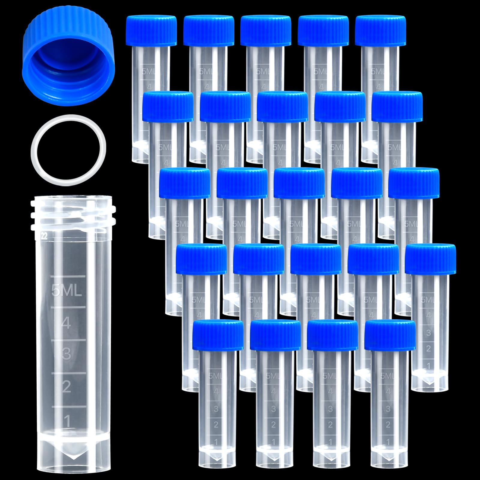 Aemygo 200PCS 5ml Plastic Small Vials with Screw Caps Sample Tubes Cryotubes,PP Material, Free from DNase, RNase, Human DNA