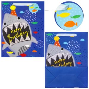 LeZakaa 13" Birthday Gift Bag, Medium Blue Gift Bag with Tissue Paper, Gift Tag and Card - Shark with Word Happy Birthday Design for Boy, Girl, Kids