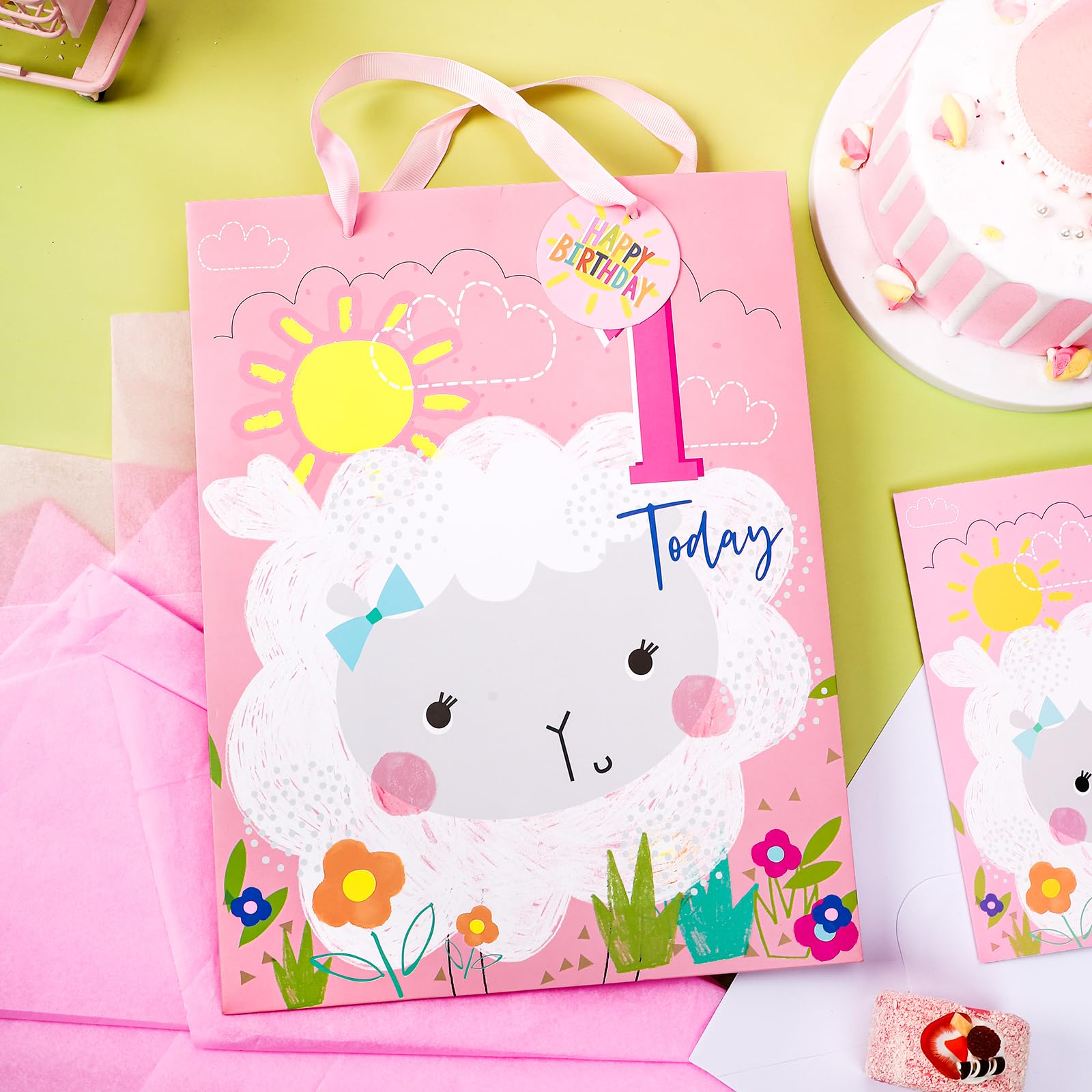 LeZakaa 1st Birthday Gift Bag, 13" Pink Glitter Gift Bag with Tissue Paper, Gift Tag and Card - Little Sheep Design for Girl, Kids, Child Birthday