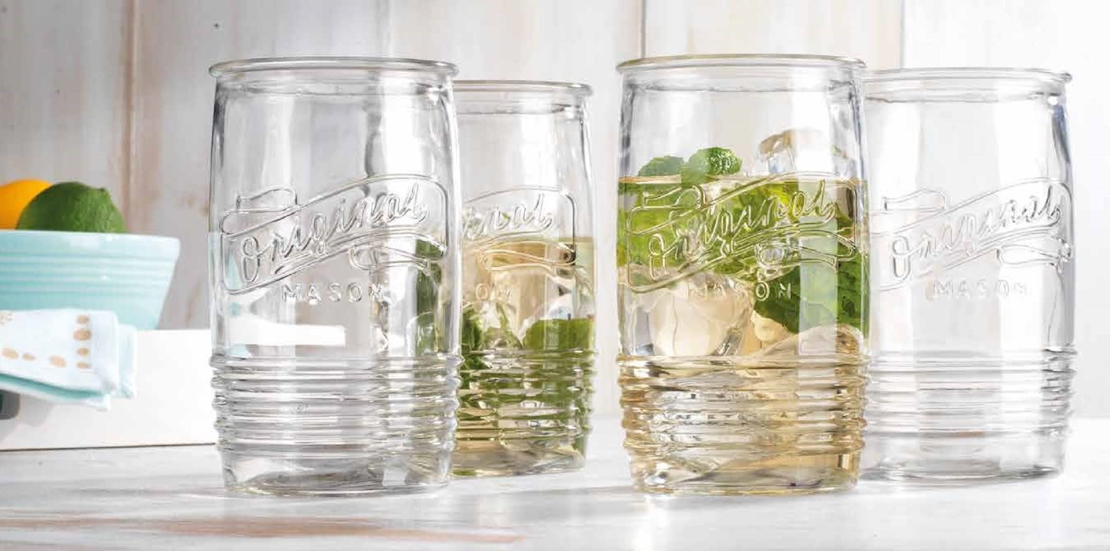 Glaver's Original Mason Set of 8 Drinking Glasses 4-20 Oz Highball Glasses, and 4-13 Oz Whiskey Glass Cups For Everyday Home Use Water, Beer, Juice, Cocktail.