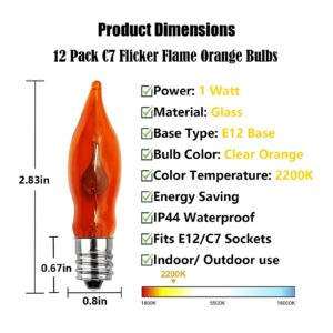 Halloween Flicker Flame Light Bulbs, 12 Pack C7 Orange Flickering Light Bulbs, 1W E12 Flame Candelabra Light Bulbs for Candle Chandelier Outdoor String Lights Party Halloween Christmas Decoration