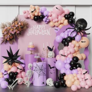 166pcs pink black purple halloween balloon garland arch kit, scary spider happy halloween baby shower party decorations with 3d bat stickers for girls spooky birthday boo day party supplies