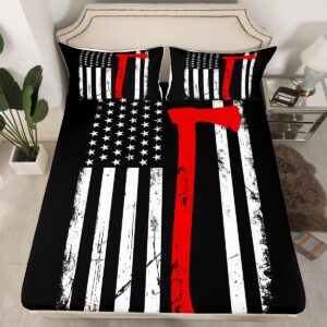 Firefighter Bedding Set Twin Size American Flag Bed Set for Girls Teens Bedroom Decor Kids Fireman Fitted Sheet Soft Microfiber Red Black White Bed Cover(1 Fitted Sheet+1 Pillow Case)