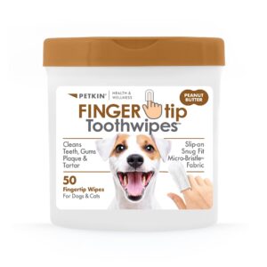 petkin fingertip tooth wipes for dogs and cats, 50 finger wipes - slip-on, snug fit, micro-bristle fabric - cleans teeth, gums, plaque & tartar - convenient, ideal for home and travel - peanut butter