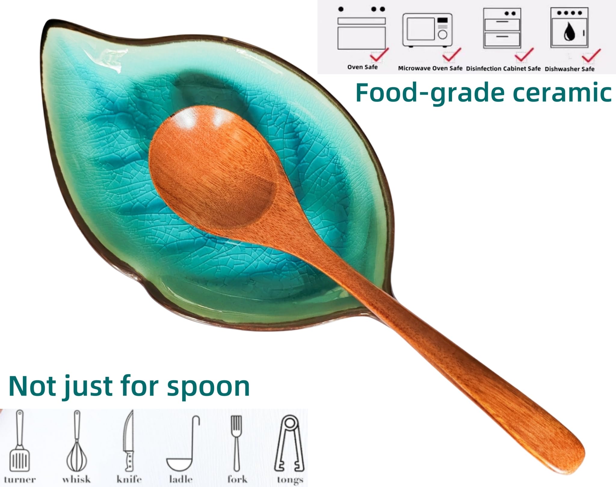 Ceramic Spoon Rest for Stove Top, Ice Cracks Leaf Cute Spoon Rest for Kitchen Counter, Cooking Spoon Holder for Kitchen Counter, Utensil Rest Spatula Rest Ladle Holder Tong Rest, 1 PC (A, Lake Blue)