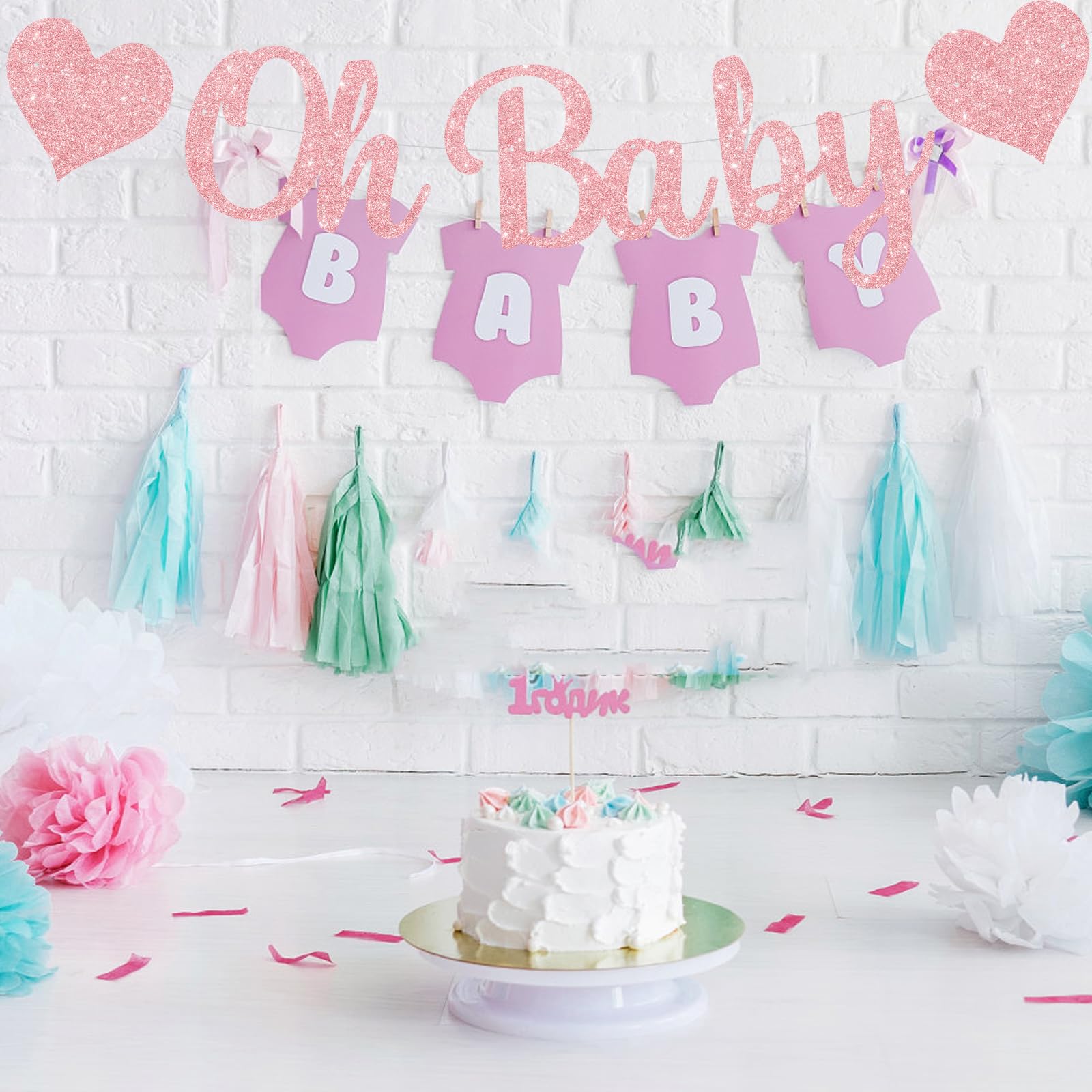 Pre-Strung Baby Shower Banner Oh Baby Sign Rose Gold Glittery Letters | Teddy Bear Gender Reveal Decorations | Baby Sprinkle Decorations for Girl Boy | Baby Gender Reveal Party Decoration Supplies