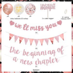 Farewell Party Decorations The Beginning of A New Chapter Going Away We Will Miss You Theme Balloons Banner, Rose Gold Retirement Graduation Party Supplies for Women Girls