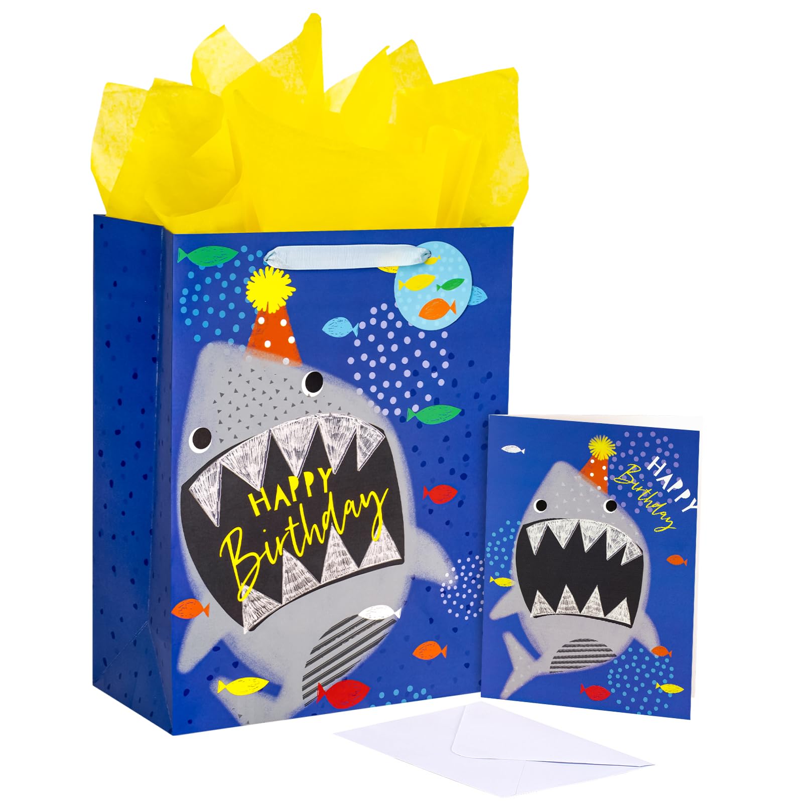 LeZakaa 13" Birthday Gift Bag, Medium Blue Gift Bag with Tissue Paper, Gift Tag and Card - Shark with Word Happy Birthday Design for Boy, Girl, Kids