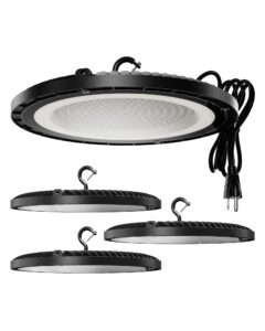 jackyled led high bay light, 150w led shop light 5000k, 21,000lm (eqv. 600w mh/hps), 6 ft cable with us plug, hook, safe rope, ip65 etl listed ufo garage light for garage gym, warehouse（4 pack）