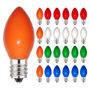 c7 led multicolor christmas replacement bulbs, 25 pack c7 multicolor ceramic led light bulbs, vintage christmas light bulbs for indoor outdoor christmas string lights, e12 candelabra base, 0.6 watt