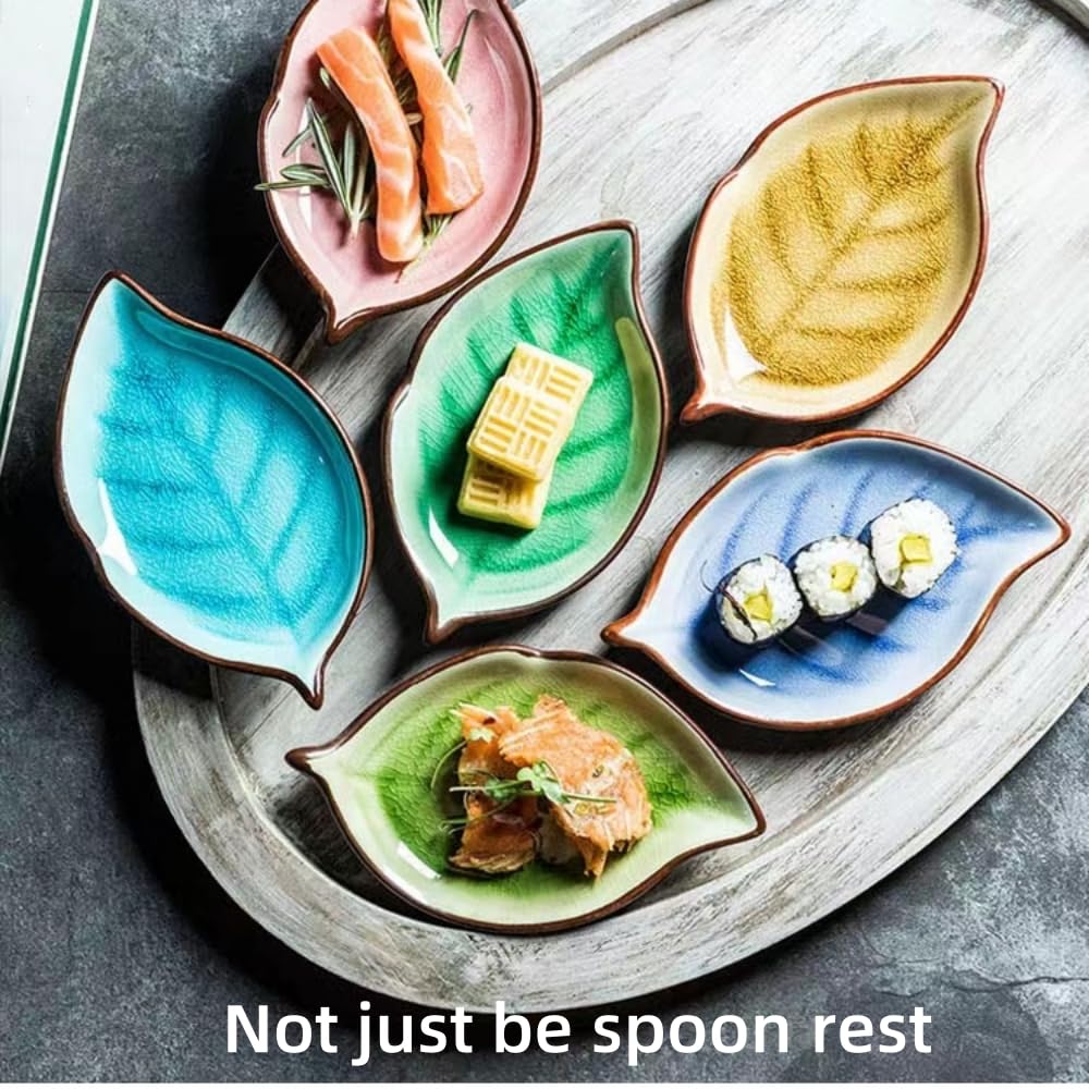 Ceramic Spoon Rest for Stove Top, Ice Cracks Leaf Cute Spoon Rest for Kitchen Counter, Cooking Spoon Holder for Kitchen Counter, Utensil Rest Spatula Rest Ladle Holder Tong Rest, 1 PC (A, Lake Blue)