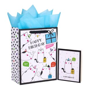 wrapaholic 13" large birthday gift bag with card and tissue paper - adorable cat design happy birthday