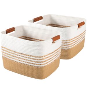 lwymx 2 pack woven baskets for storage, 15.7"x11.8"x11.8" cotton rope basket with handles gift storage basket for organizing bins, nursery toy laundry blanket basket for living room closet shelves