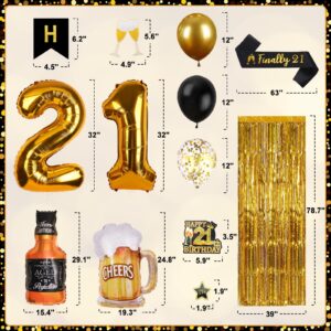 21st Birthday Decorations for Him, Happy Birthday Decorations Black and Gold 21 Birthday Decorations with Happy Birthday Banner, Fringe Curtain, Confetti and Latex Balloons