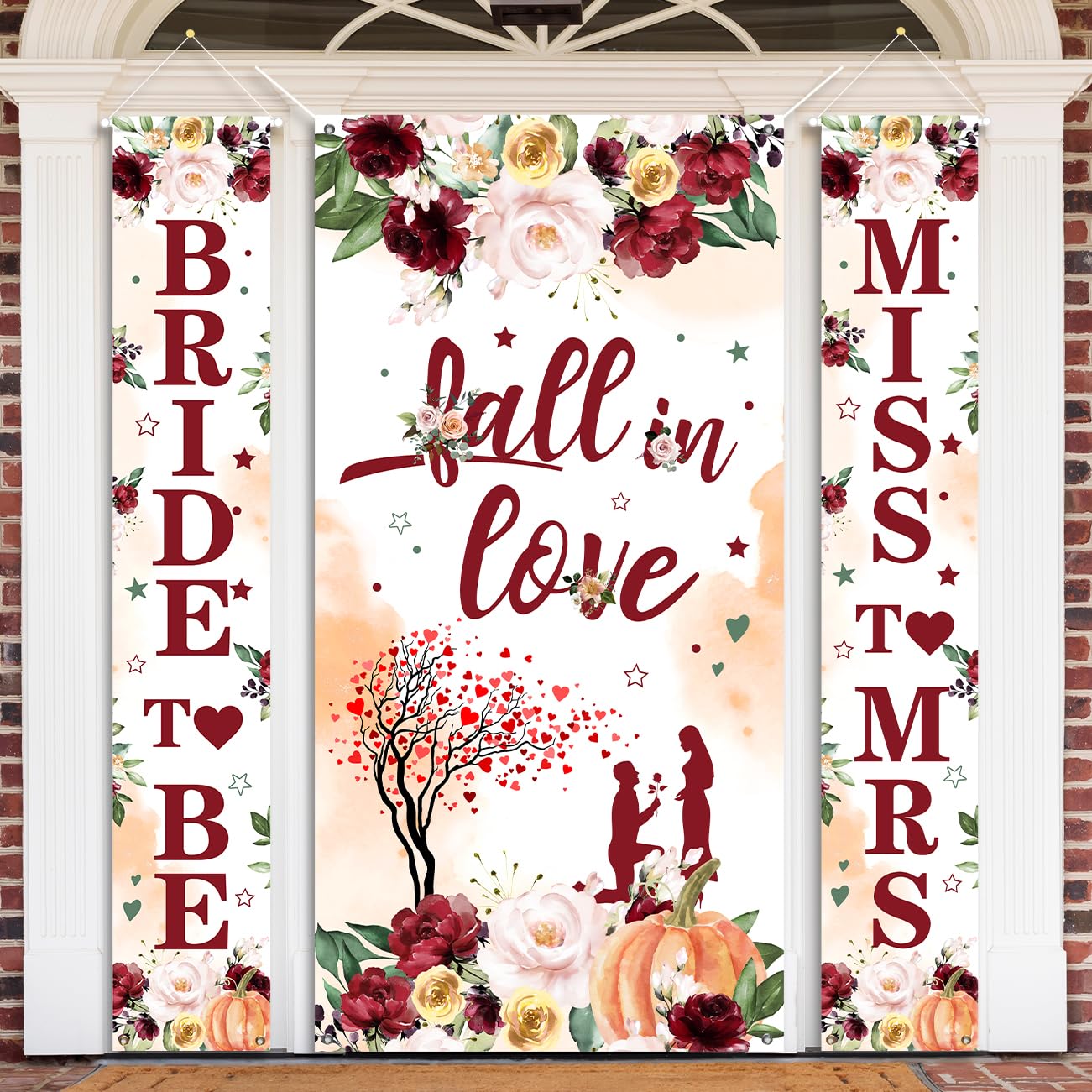 3 Pcs Fall in Love Banner Set Fall Bridal Shower Decorations Autumn Floral Little Pumpkin Door Cover Backdrop for Fall Theme Wedding Bachelorette Engagement Bride to Be Valentines Day Party Supplies