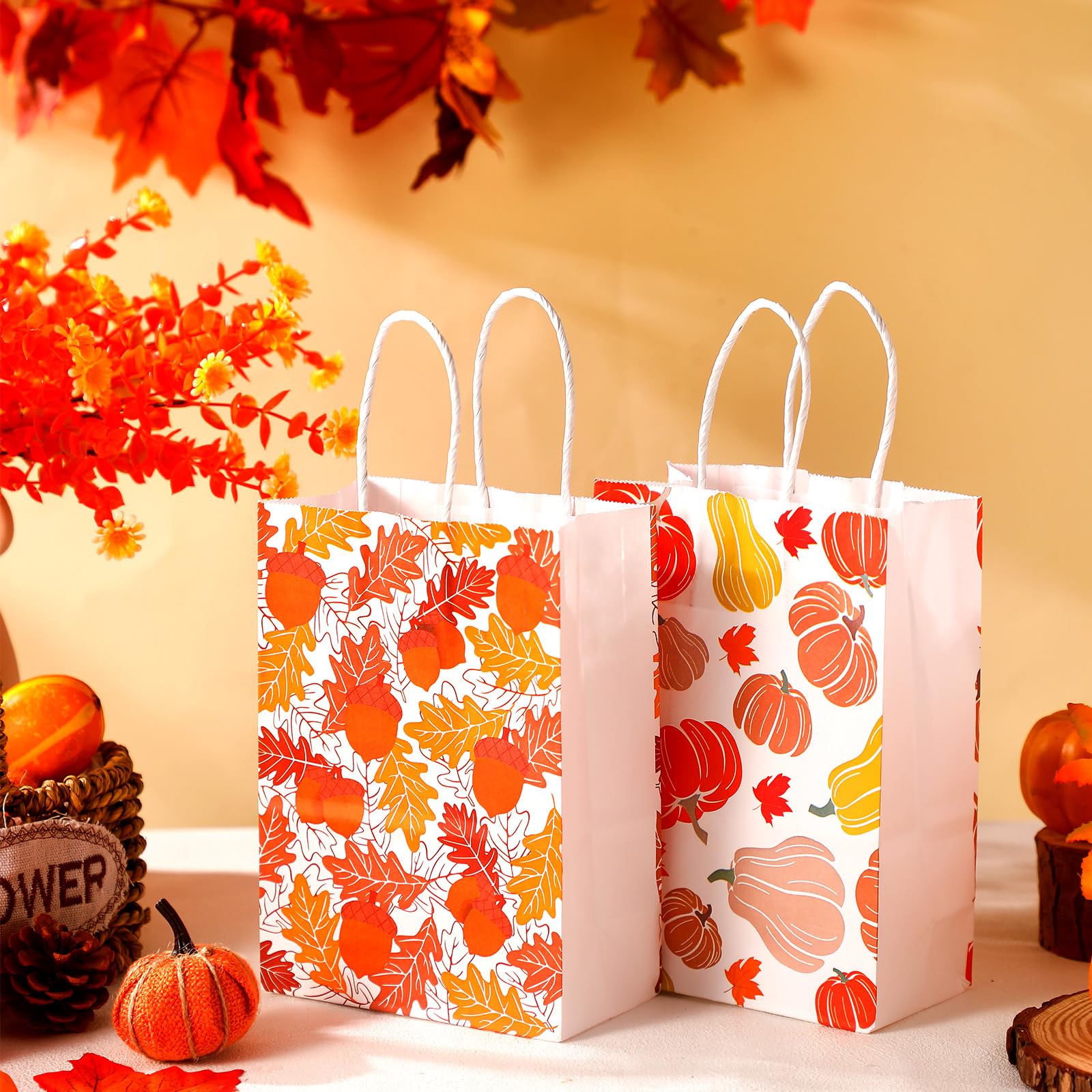 Glenmal 24 Pcs Fall Gift Bags Thanksgiving Treat Bag with Handle Maple Leaf Pumpkin Chestnut Design Goodie Bags Fall Kraft Bag for Thanksgiving Autumn Party Favors Bridal Shower