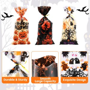 150 Pieces 3 Designs Halloween Candy Bags Treat Bags with Twist Ties, Pumpkin Witches Happy Halloween Clear Cellophane Goodie Snack Bags for Kids Boys Girls Trick or Treat Party Favor Decorations