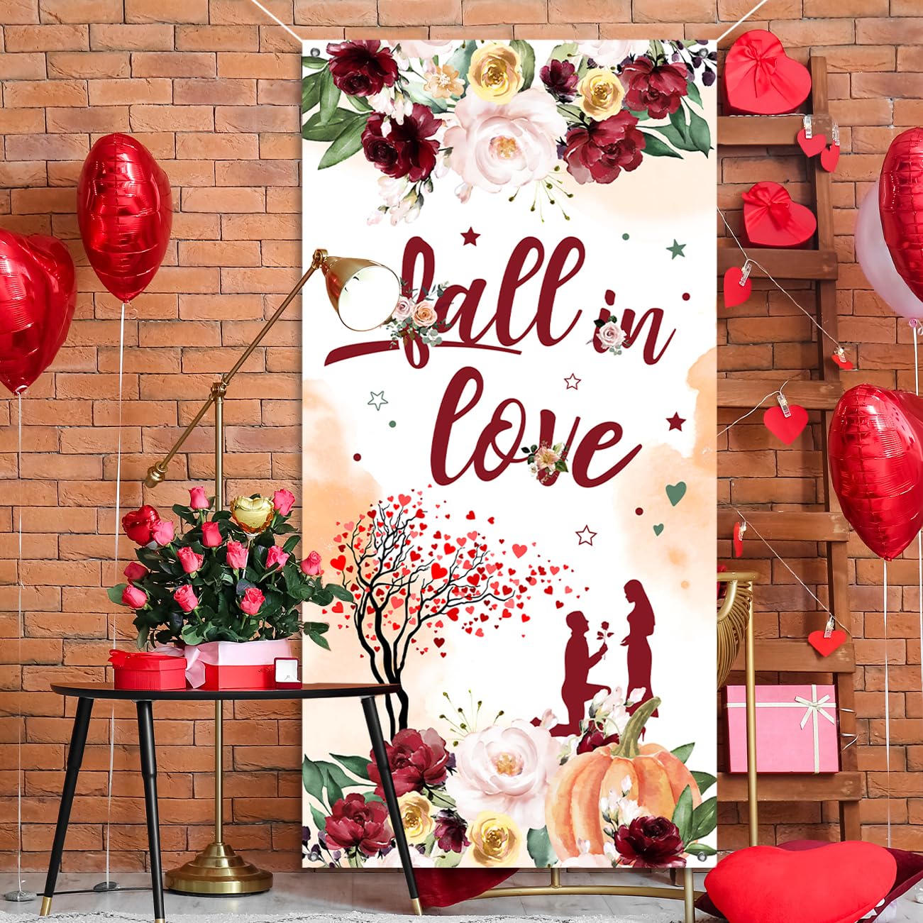 3 Pcs Fall in Love Banner Set Fall Bridal Shower Decorations Autumn Floral Little Pumpkin Door Cover Backdrop for Fall Theme Wedding Bachelorette Engagement Bride to Be Valentines Day Party Supplies