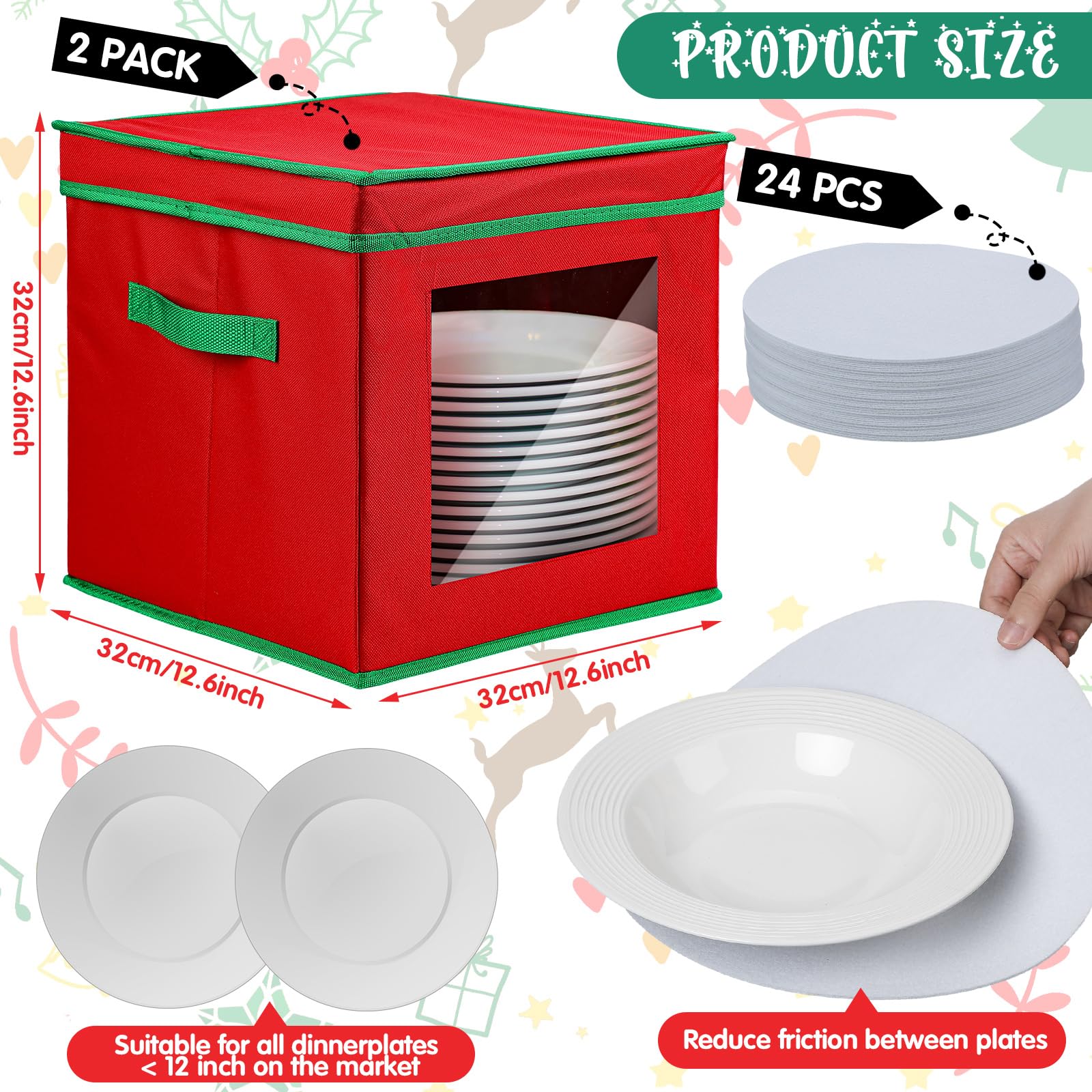 Abbylike 2 Set Christmas Dish Storage Containers with 24 Felt Dividers Plate Storage Containers with Lid and Handles Glassware Storage Mug Storage Hold 24 Plates, 12.6" x 12.6"