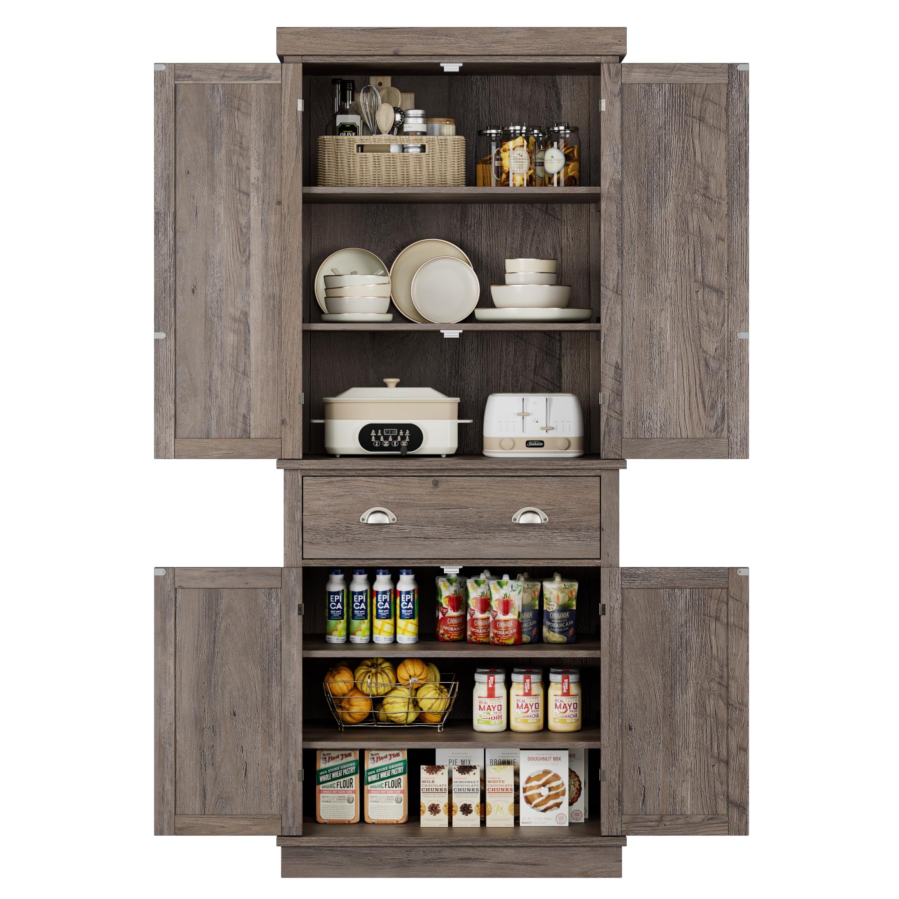 FOTOSOK 72" Kitchen Pantry Storage Cabinets with Drawer, Freestanding Cupboard with 4 Doors, Drawer, 4 Shelves, Utility Pantry Cabinet for Kitchen, Dining Room, Living Room, Ash Grey