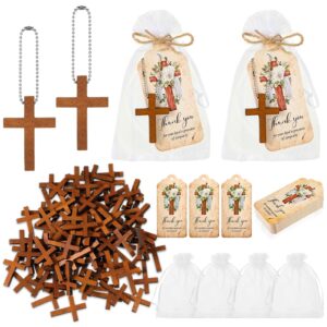 tradder 100 set funeral favors set 100 wooden cross keychain 100 funeral thank you cards 100 organza bags for celebration of life decorations, funeral guest family friends loved ones (cross)