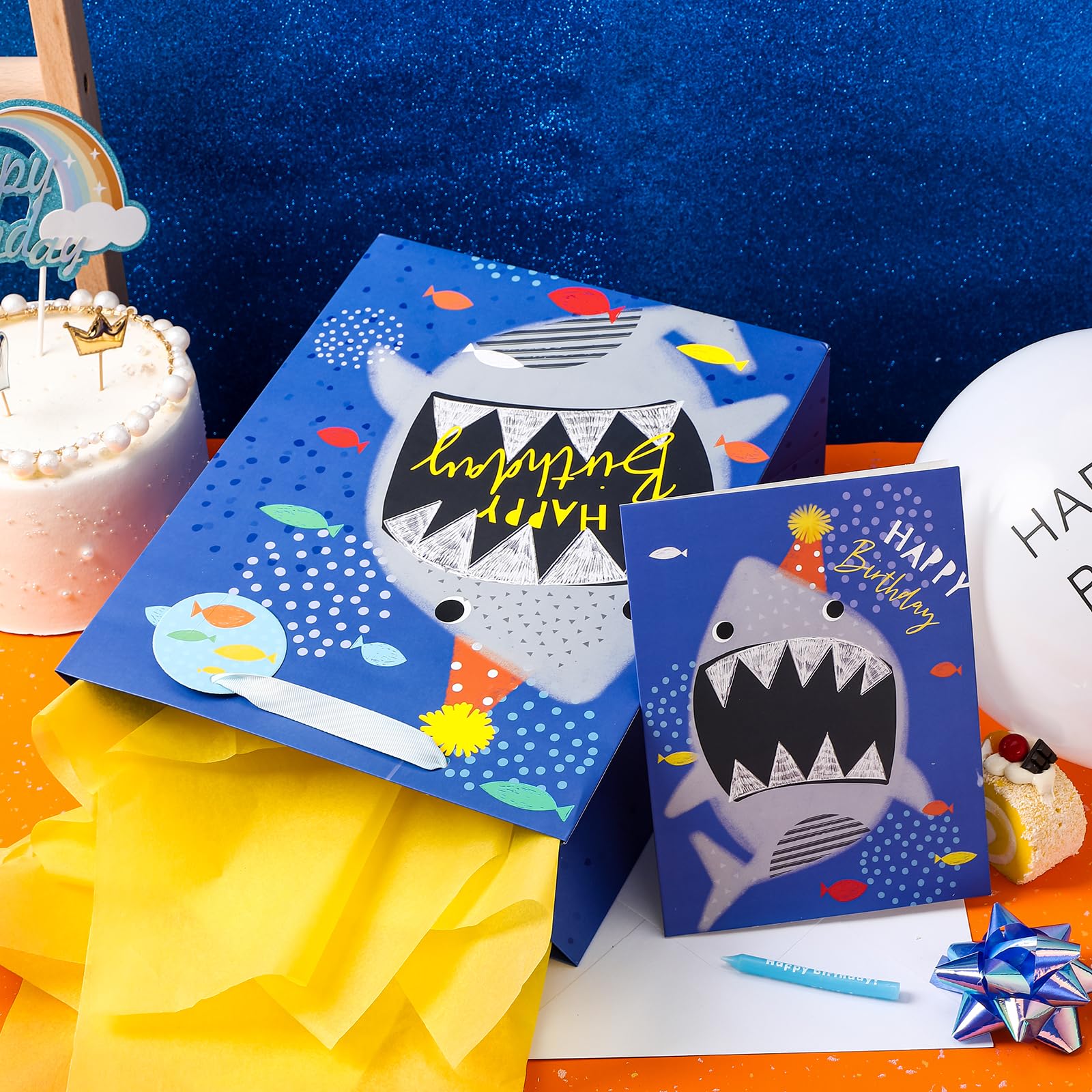 LeZakaa 13" Birthday Gift Bag, Medium Blue Gift Bag with Tissue Paper, Gift Tag and Card - Shark with Word Happy Birthday Design for Boy, Girl, Kids