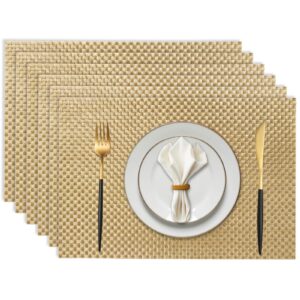 edanle vinyl plastic placemats set of 6 washable heat resistant non-slip elegant indoor&outdoor kitchen dining pvc woven table place mats (gold weaving)