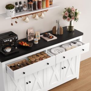 FOTOSOK Sideboard Buffet Cabinet with Storage, 55" Large Kitchen Storage Cabinet with 2 Drawers and 4 Doors, Wood Coffee Bar Cabinet Buffet Table for Kitchen Dining Room, White and Black