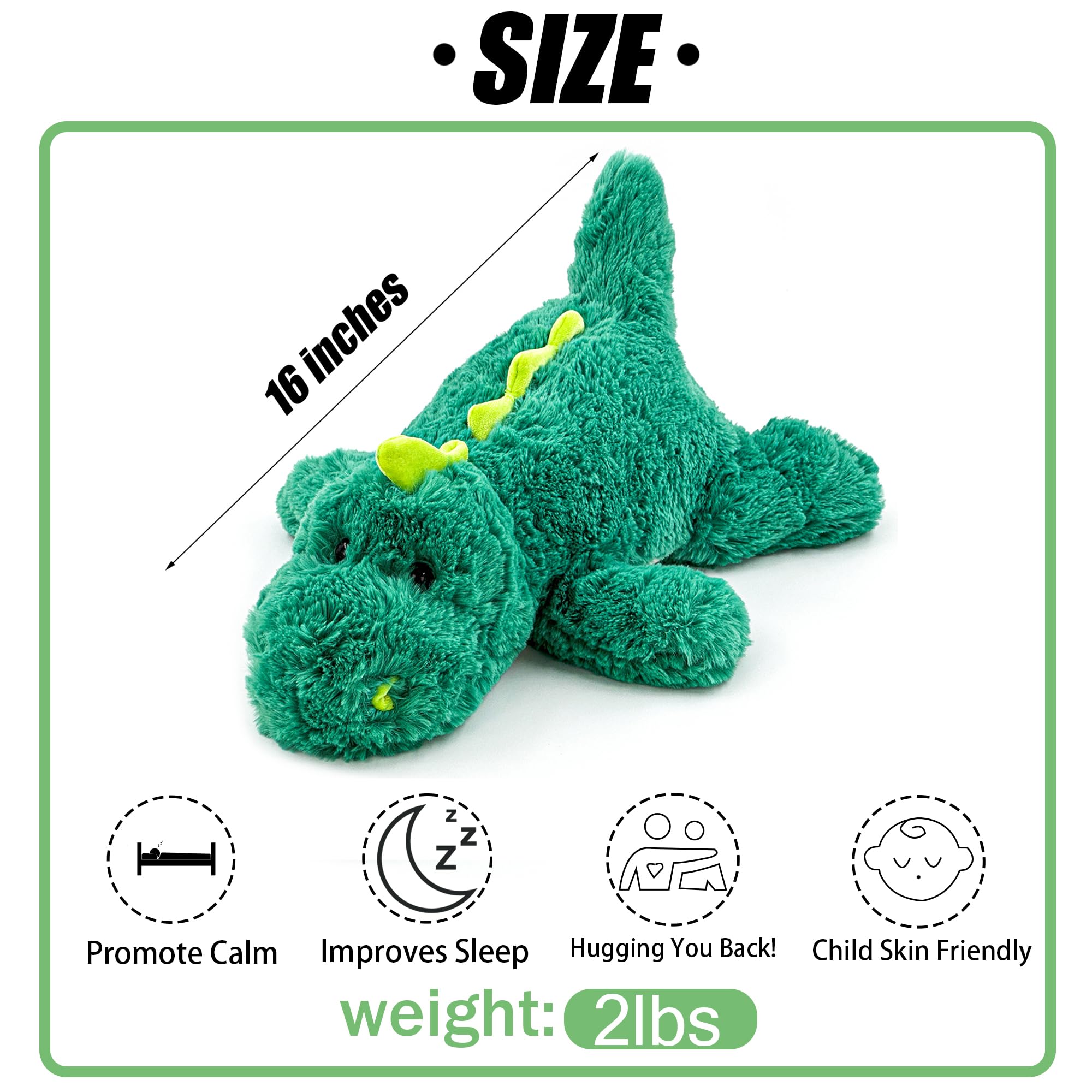 YOUBLEK 16" | 2 Pounds Green Dinosaur Weighted Stuffed Animals,Sensory Comfort Plush Throw Pillow Toy,Kawaii Plushies Hugging Toy Gifts for Kids & Adults (Dinosaur, 16 inch 2 Pounds)