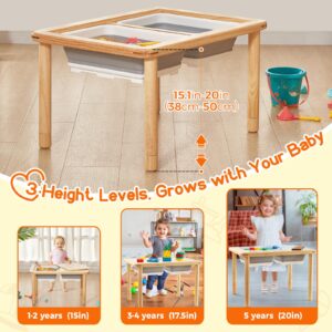 FUNLIO Wooden Sensory Table with 2 Bins for Toddlers 1-5, 3-Level Height Adjustable Kids Sensory Table with Anti-Warping Plywood Lid, Indoor/Outdoor Play Sand and Water Table, CPC Certified